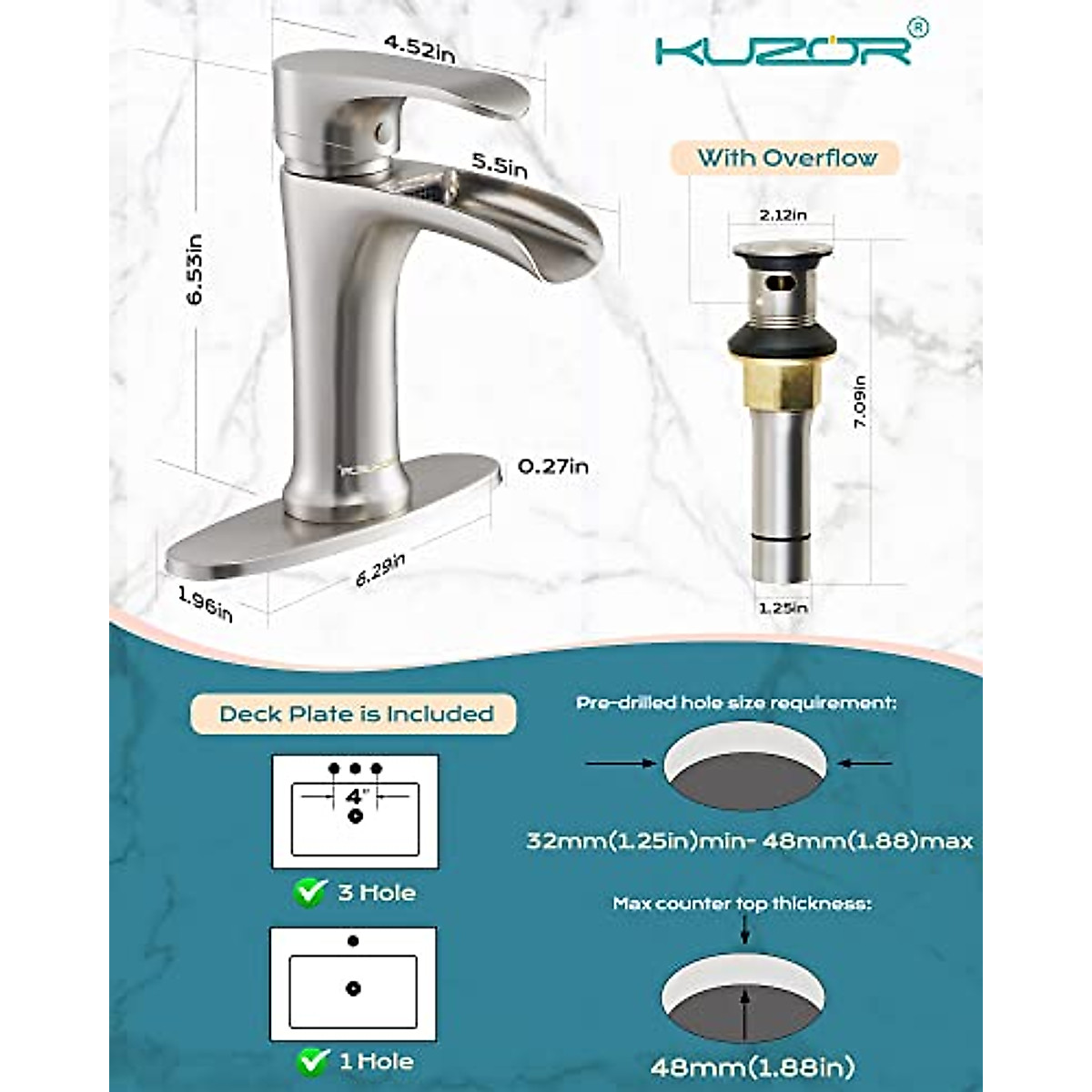 KUZOR Single Hole Bathroom Faucets Brushed Nickel, Waterfall One Hole Bathroom Faucet with Metal Pop Up Drain, Solid Brass Faucet for Bathroom Sink, Brush Nickel