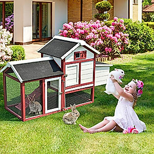 Tangkula 60" Large Rabbit Hutch Wooden White Rabbit Bunny Outdoor Animal Cage Rabbit Hutch House with Black Linoleum Roof