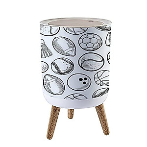 Nordic Style Trash Can - Doodle style sports equipment seamless ready to be tiled Push Top Trash Can with Lid - Scandinavian Modern Garbage Can - Round Trash Bin w/ Legs for Kitchen/Bathroom/Dog proof, 1.8 Gallon - 7L