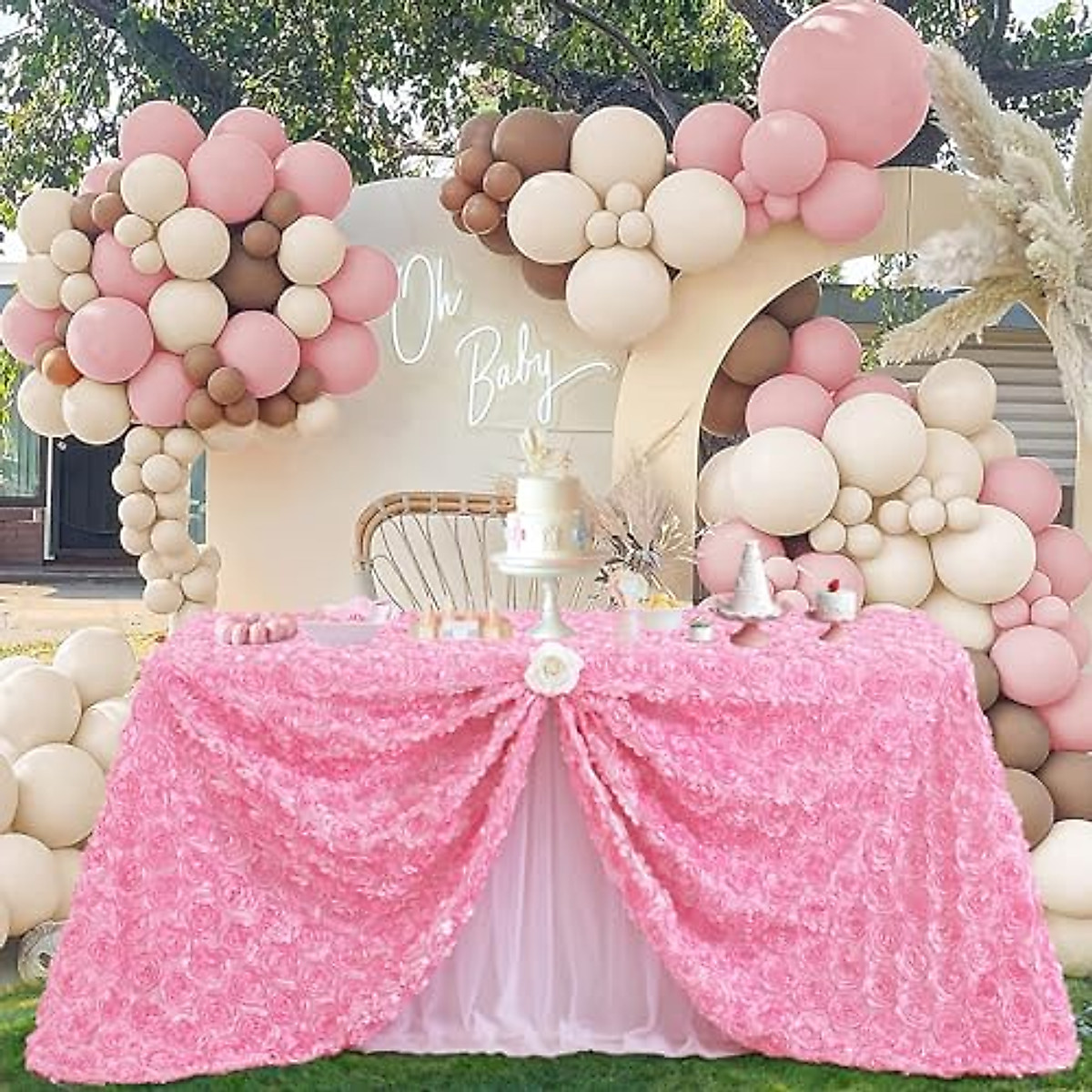 Baby Shower Tablecloth 50x102 Inches Pink Tablecloth Rectangle Satin Overlay Rosette Tablecloth 3D Floral Tablecloth for Wedding Party Event