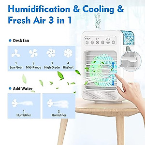 Evaporative Misting Fan with Timer, USB Portable Air Conditioner Fan, 4 Speeds with Night Light, 4 IN 1 USB Personal Air Cooler Desk Fan,Adjustable Head 90° Rotatable for Home Room Office