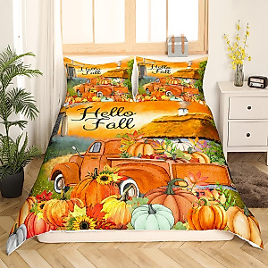 Hello Fall Bedding Set Rustic Farm Maple Leaf Pumpkin Sunflower Duvet Cover King Size Autumn Harvest Comforter Cover Fall Season Bedspread Cover Happy Fall Y'All Bedding Thanksgiving Day Gifts