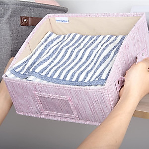 iStorageMax Closet Storage Bin, Collapsible Closet Shelf Organizer, Fabric Trapezoid Storage Baskets with Handle and Label Holder for Home Office, Pink, Medium, 3 Pack