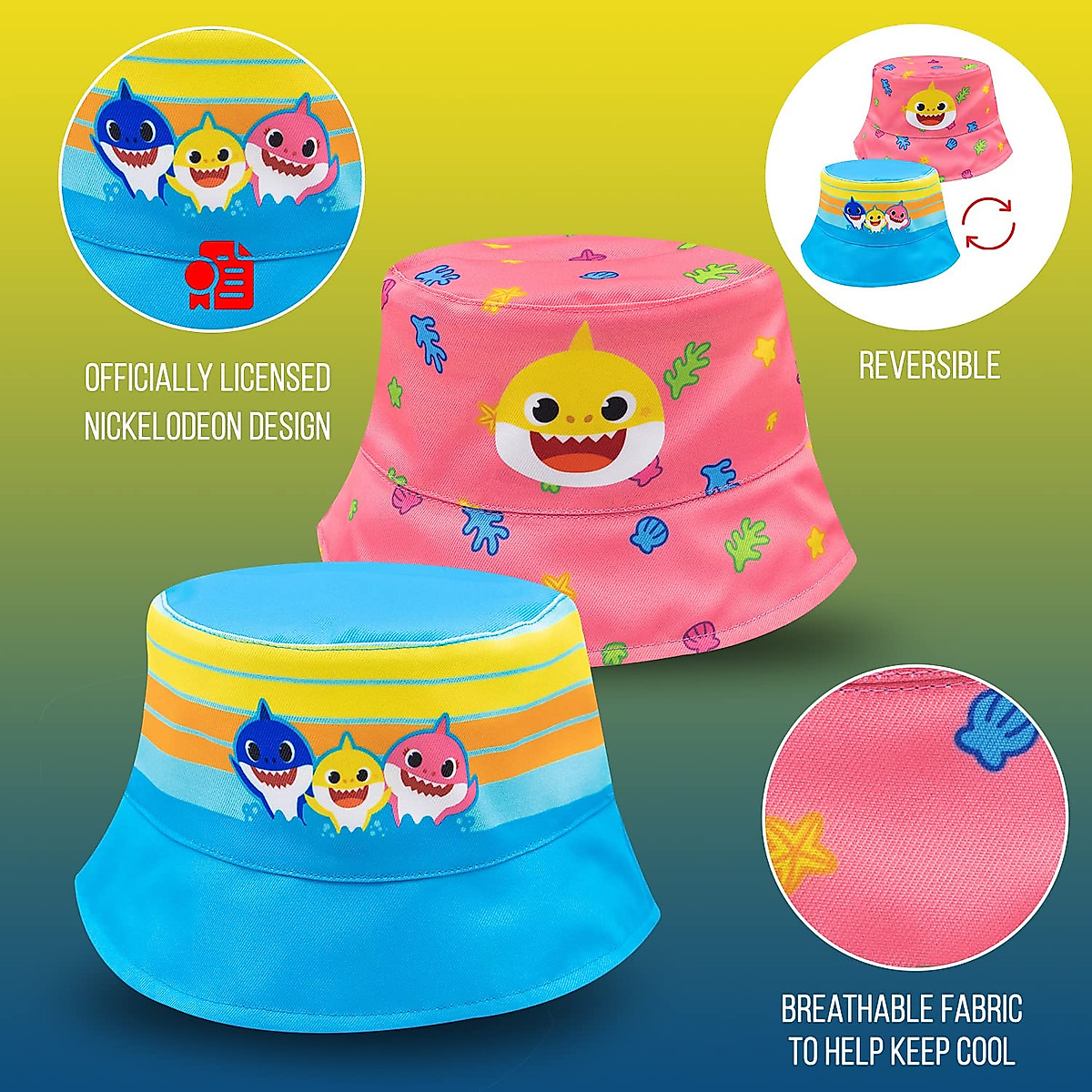 Reversible Pinkfong Baby Shark Sun Hat for Toddler Girls, Boys, and Kids
