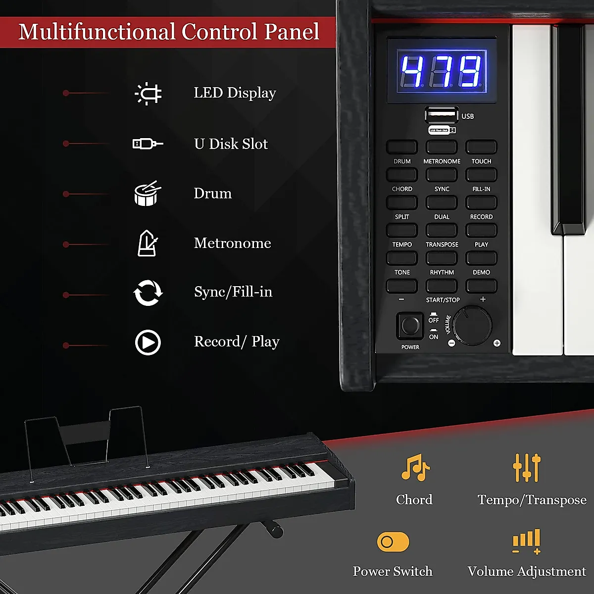 Costzon 88-Key Weighted Piano Keyboard Full Size, Portable Midi Keyboard Hammer Action Duet Mode with Sustain Pedal, Built-in Speaker, Headphone and Power Supply for Beginner/Adults (Black)