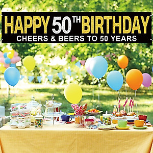 Large Happy 50th Birthday Banner, Cheers to 50 Years & 50 Fabulous, Birthday Hanging Banner, Birthday Party Supplies, Celebration Flag, Birthday Party Sign Decorations, Home Indoor Outdoor Party Decoration (9.8 x 1.6 ft)