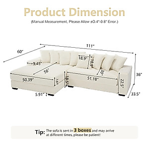 110" Cloud Sectional Couch with Comfy Chaise, Corduroy Cloud Couch L Shape Sofa with Deep Seat, Minimalist Modular Couches Sleeper for Living Room Bedroom Apartment Lounge
