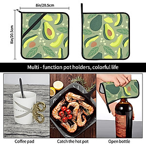 Avocado Leaves Flowers Pattern Pot Holders Set Heat Resistant Non Slip Oven Hot Pads with Hand Pockets and Hanging Loops for Kitchen Baking Cooking,Set of 2
