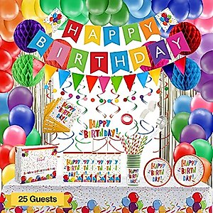 275 PC Colorful Birthday Party Decorations for Boy, Girl, Women, Men Ð Rainbow Party Supplies With Happy Birthday Banner, Balloons Garland Arch Kit Foil Curtains Tablecloth Swirl Honeycomb Cake Topper Plates Cups Napkins Straws for 25 Guest & More