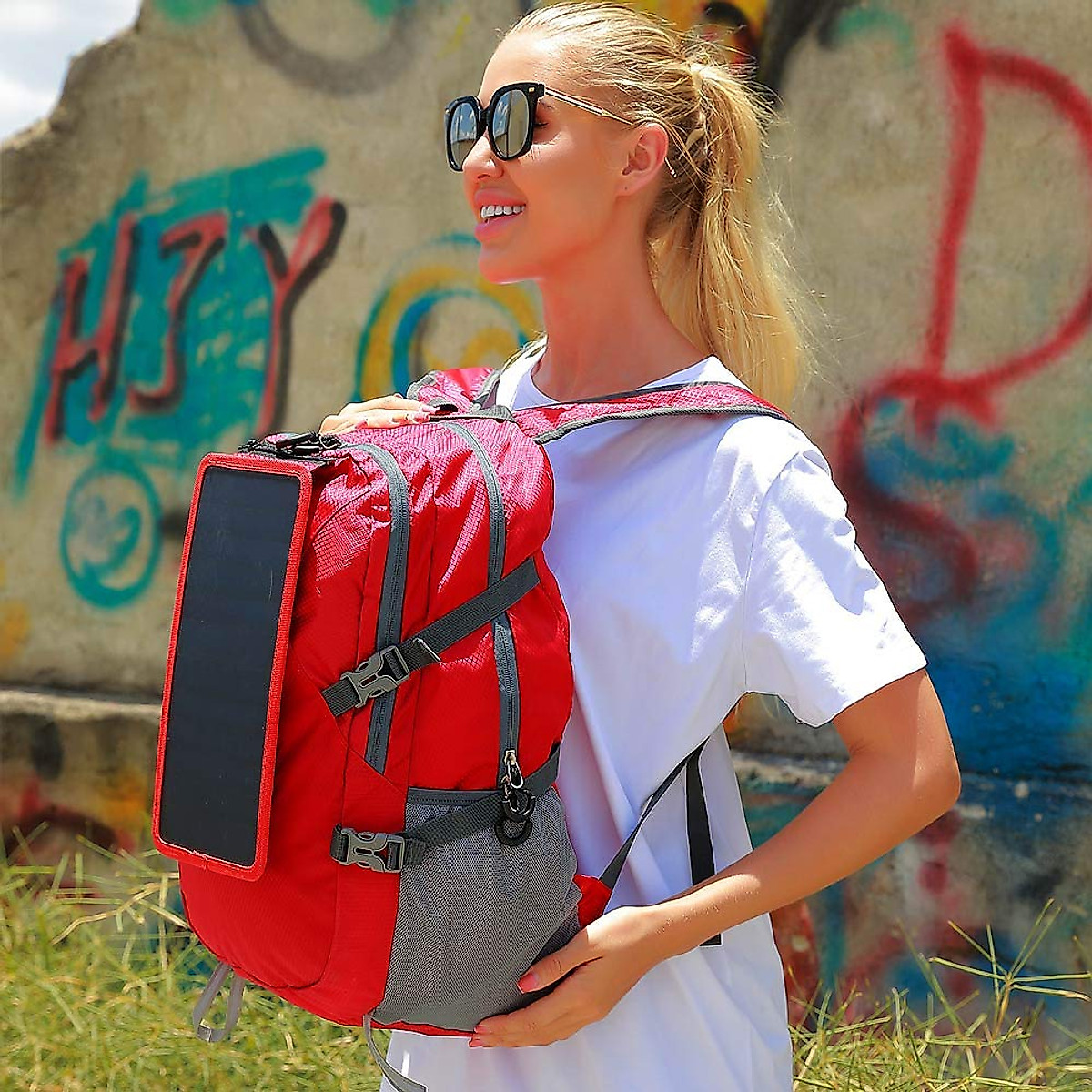 ECEEN Hiking Backpack Travel Daypack Packable with 7Watts Solar Panel Charger for Phone Power Bank Outdoor Emergency