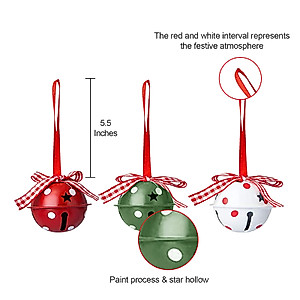 Gesundheit 12 PCS 2" Tall Christmas Jingle Bell,Christmas Tree Bells Pendant,Christmas Holiday Party Supplies Craft Bells with Star Cutouts, Red & White & Green for Home Garden Christmas Tree Decor,