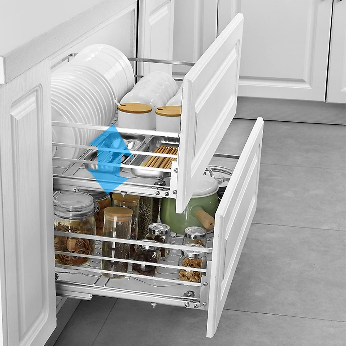 Stainless Steel Pull Out Cabinet Drawers Pantry Pull Out Basket Cabinet Organizer for Home, Kitchen, Bathroom Deepen 2-Tier Metal Sliding Baskets w/Soft-Close Pull Out Storage for Pots and Cans