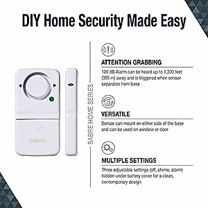 SABRE Door and Window Alarm Kit, 120 dB Alarm, Audible Up To 1,580-Feet (480-Meters), Chime, Away, Home And Panic Modes, Sensors Work On Left And Right Hinged Doors, Low Battery Indicator