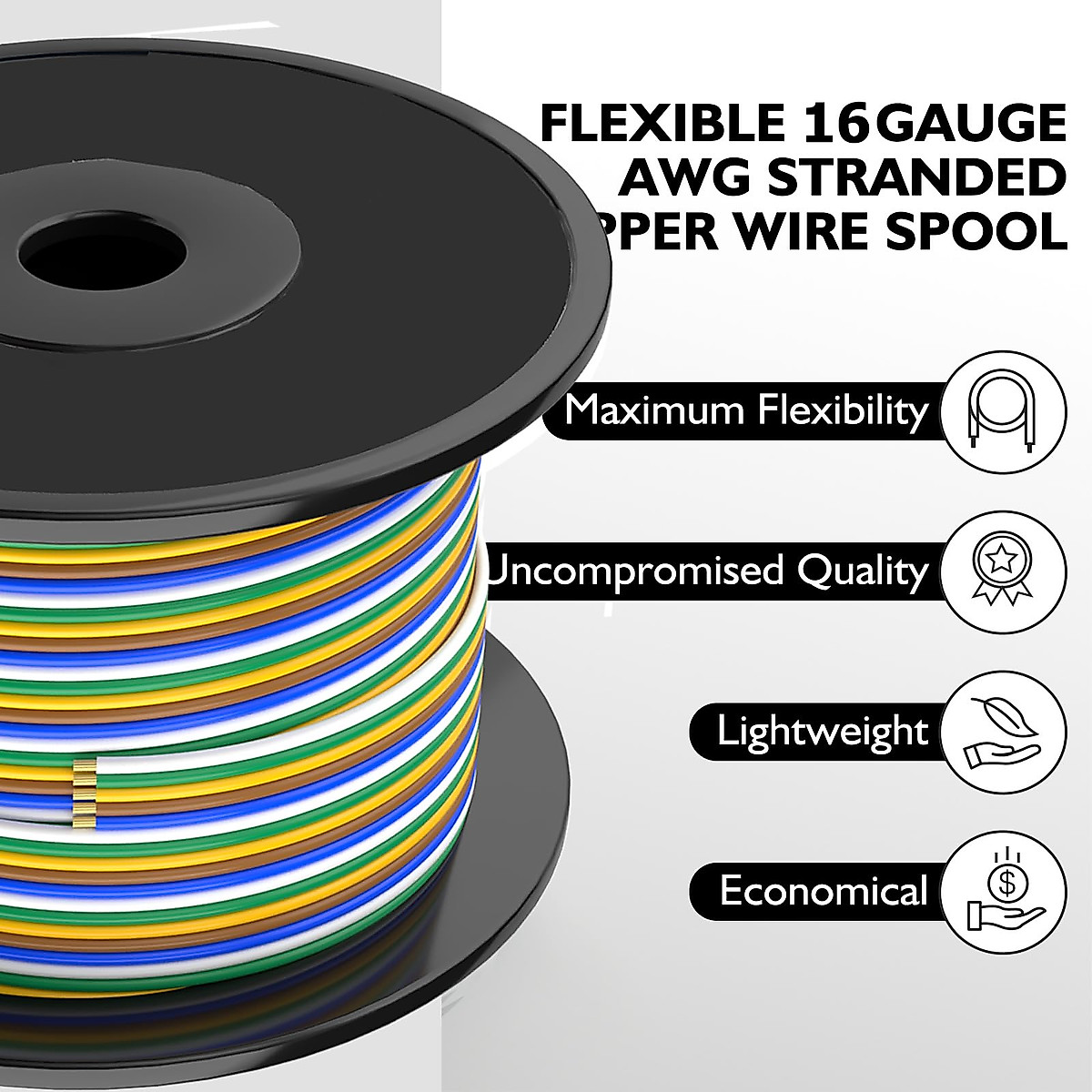 DOAUTO Enough 100Ft Enough 16AWG 5 Way Bonded Trailer RV Camper Towing Boat Wiring Harness Spool, Standard Primary 16AWG 5 Wire Ideal for All Basic Wiring Needs(Green, Yellow, Brown, Blue, White)