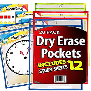 iPrimio Dry Erase Learning Sheets (20 Pack) - Includes 12 Learning Sheets - Multicolored Pockets - Wipes Clean - Fits 9" by 12" Paper in Pocket