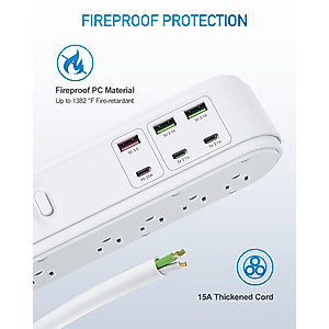 PD 20W Surge Protector, 10 Outlets and 3 USB C&3 USB A Ports, 6ft Extension Cord, Overload Protection, Desktop High-Speed Charging Station Power Bar for iPhone 14, 1875W/15A, 4500J