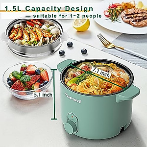Topwit Electric Pot with Steamer, 1.5L Non-stick Ramen Cooker, Hot Pot Electric, Electric Pot for Cooking Pasta, Noodles, Steak, Egg, Portable Pot with Dual Power Control, Dorm Room Essentials, Green