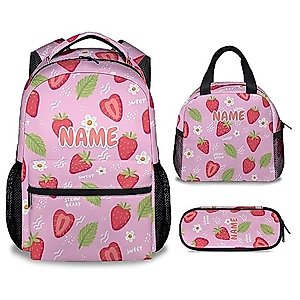 Homexzdiy Personalized Strawberry Backpack with Lunch Box Set for Girls, Custom 3 in 1 School Backpacks Matching Combo, Cute Pink Bookbag and Pencil Case Bundle