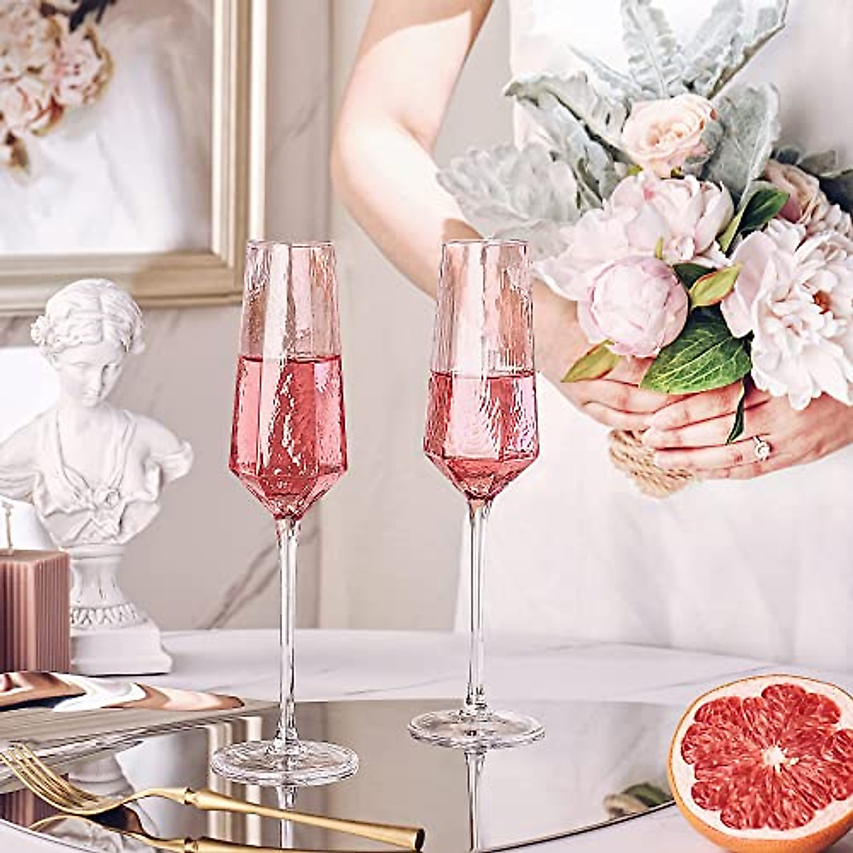 ziixon Crystal Champagne Flutes 8Oz Pink Wedding Champagne Glasses Classy Champagne Flutes Elegant Flutes Set of 4 for Wedding Anniversary Christmas (Pink)