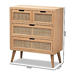 Baxton Studio Alina Medium Oak Finished Wood and Rattan 4-Drawer Accent Chest