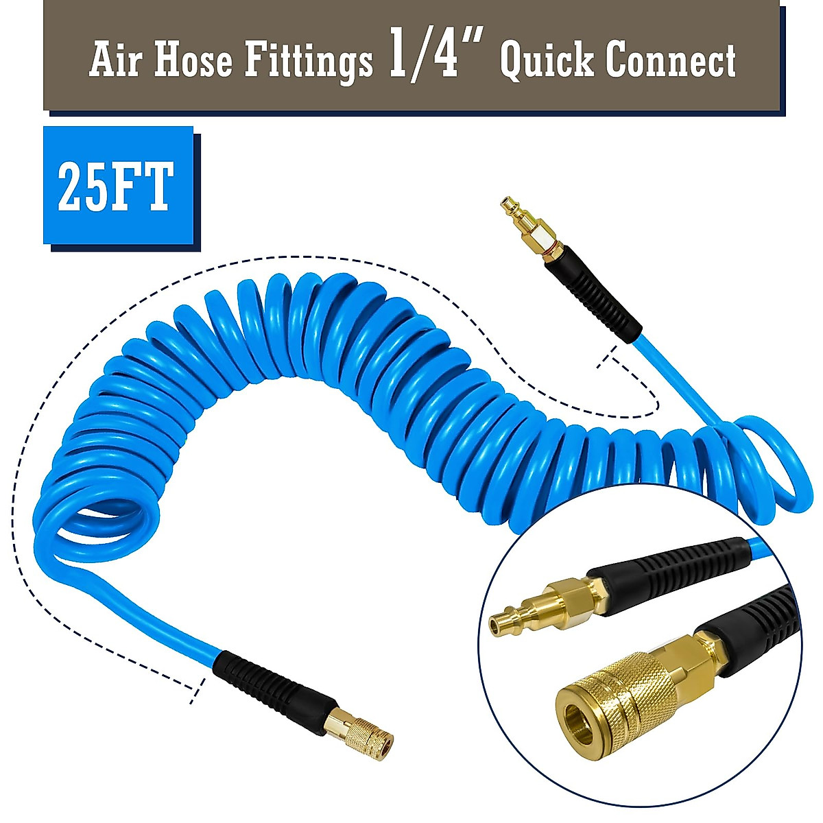 WHISPERING WONDER Polyurethane Recoil Air Hose,1/4 in x 25 ft Air Compressor Hose with Bend Restrictor, Air Hoses with 1/4 Solid Pure Copper Quick Connect Fittings and I/M Plug Kit, Blue