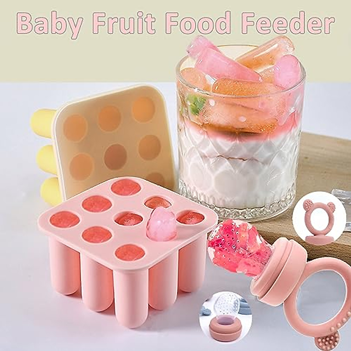 JEXFUN Silicone Baby Fruit Food Feeder Pacifier & Breastmilk Popsicle Freezer Molds, Baby Food Storage Containers Breast Milk Ice Cubes for Baby Teething & Infant Self Feeding, BPA Free (Pink)