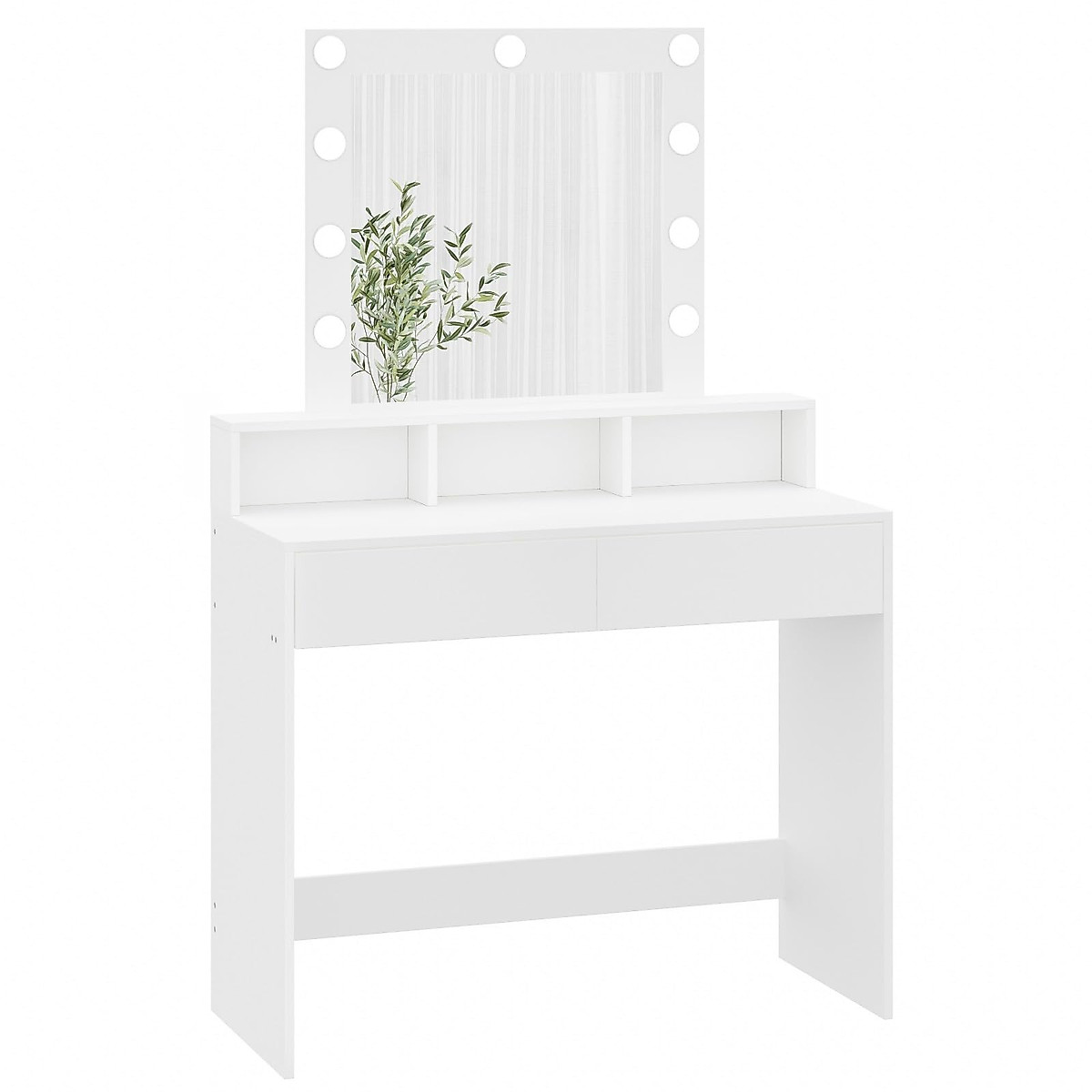 Reettic Vanity Table with Lighted Mirror, Makeup Vanity Desk Set with 2 Storage Drawers, Wooden Bedroom Dressing Table, 9 Lights & Adjustable Brightness, for Women, Mother, Wife, White RSZT101W