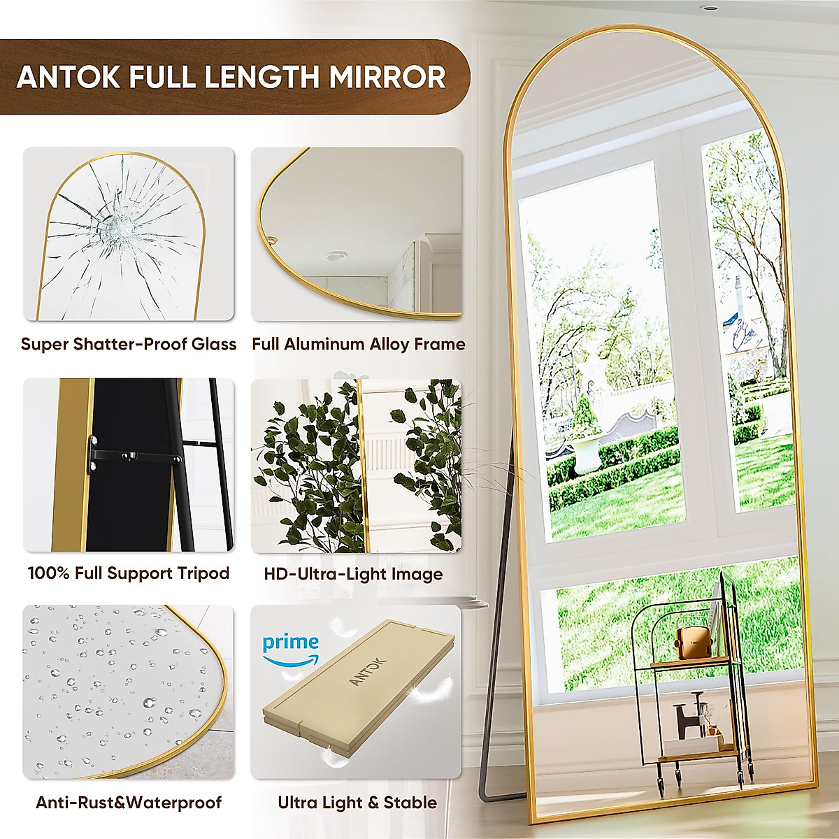 Antok Full Length Mirror, 71"x28" Arched Floor Mirror, Glassless Mirror Full Length with Stand, Floor Mirrors Freestanding, Wall Mounted Mirrors for Living Room, Gold