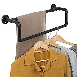 Rustic Industrial Wall Mount Pipe Hanger Holder Rack Clothes Bar,Double Towel Holder Hanger Rails,Iron Towel Rail,Multifunction Retro-Styled Bathroom Rack, Black