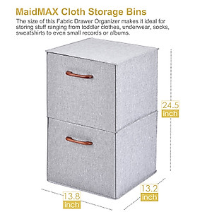MaidMAX 2 Tiers Collapsible Storage Organizer, Fabric Cube Bins, Pull-Down Doors with 2 Wooden Handles for Closet, Home, Office, Free Standing, Grey