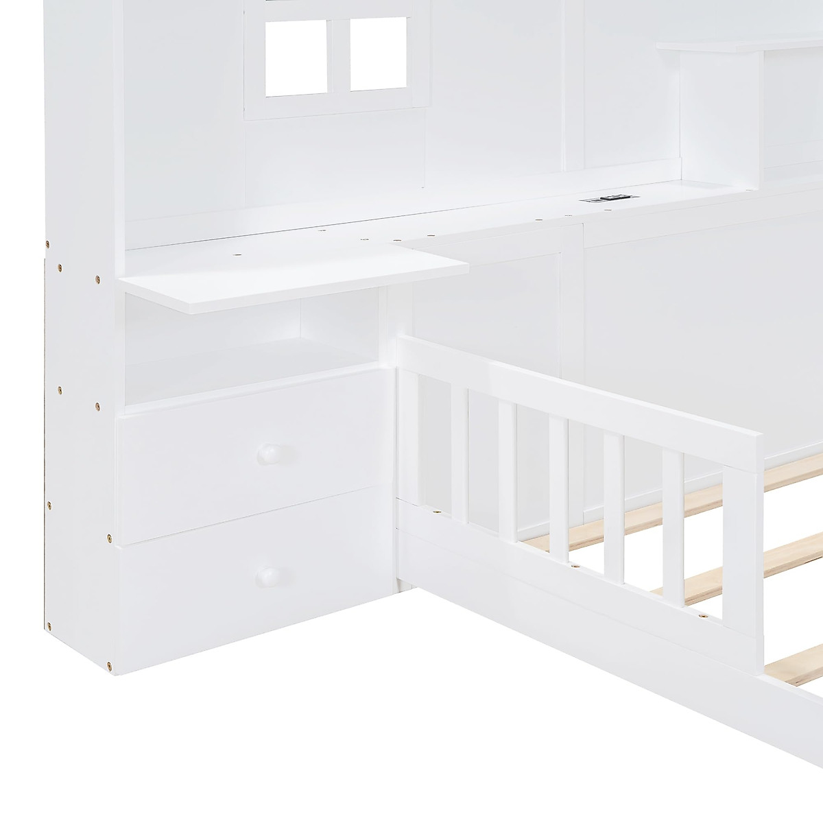 Mirightone Montessori Floor Bed with Rails Full Size Kids Bed Frame with Storage Drawers and Shelves Wood Platform Bed with House-Shaped Headboard and Charging Station, White