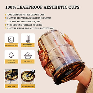 Glass Water Bottles,15oz Glass Tumbler Wide Mouth Mason Jar with Lid and Straw,2 Drinking Ports Aesthetic Cups,Reusable Drinking Jars for Tea, Beer,Iced Coffee,Honey,smoothies,Juice etc (Amber)