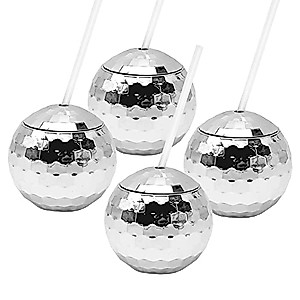 ZUDKSUY Disco Ball Cups Disco Ball Drink Tumbler 1970s Disco Ball Cups with Lid and Straw, Disco Flash Ball Cocktail Cups for Graduation Anniversary Party Wine Cup Tea Bottle, Silver, Set of 4