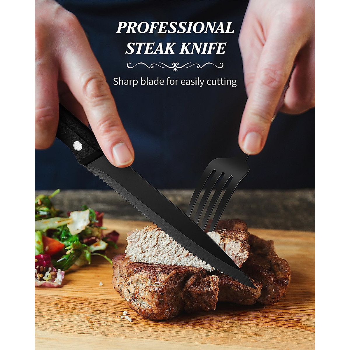 Aswwid 48 Pieces Black Silverware Set for 8, Retro Royal Flatware Set with Steak Knives, Gorgeous Stainless Steel Cutlery Utensil Set Include Forks Spoons and Knives, Mirror Finish,Dishwasher Safe