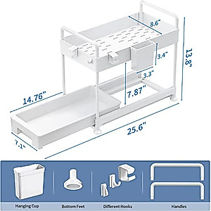 SOYO Under Sink Organizers and Storage 2 Pack, Bathroom Organizer Under Cabinet Storage, Undersink Sliding Basket Drawer for Kitchen Organization, Pull Out Shelf with Handles, Hanging Cups, White