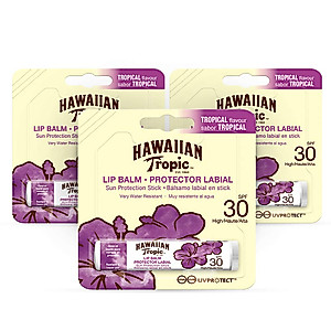 Hawaiian Tropic Lip Balm Pack of 3 – Sunscreen Lip Balm SPF 30, Tropical Flavor, 4 g