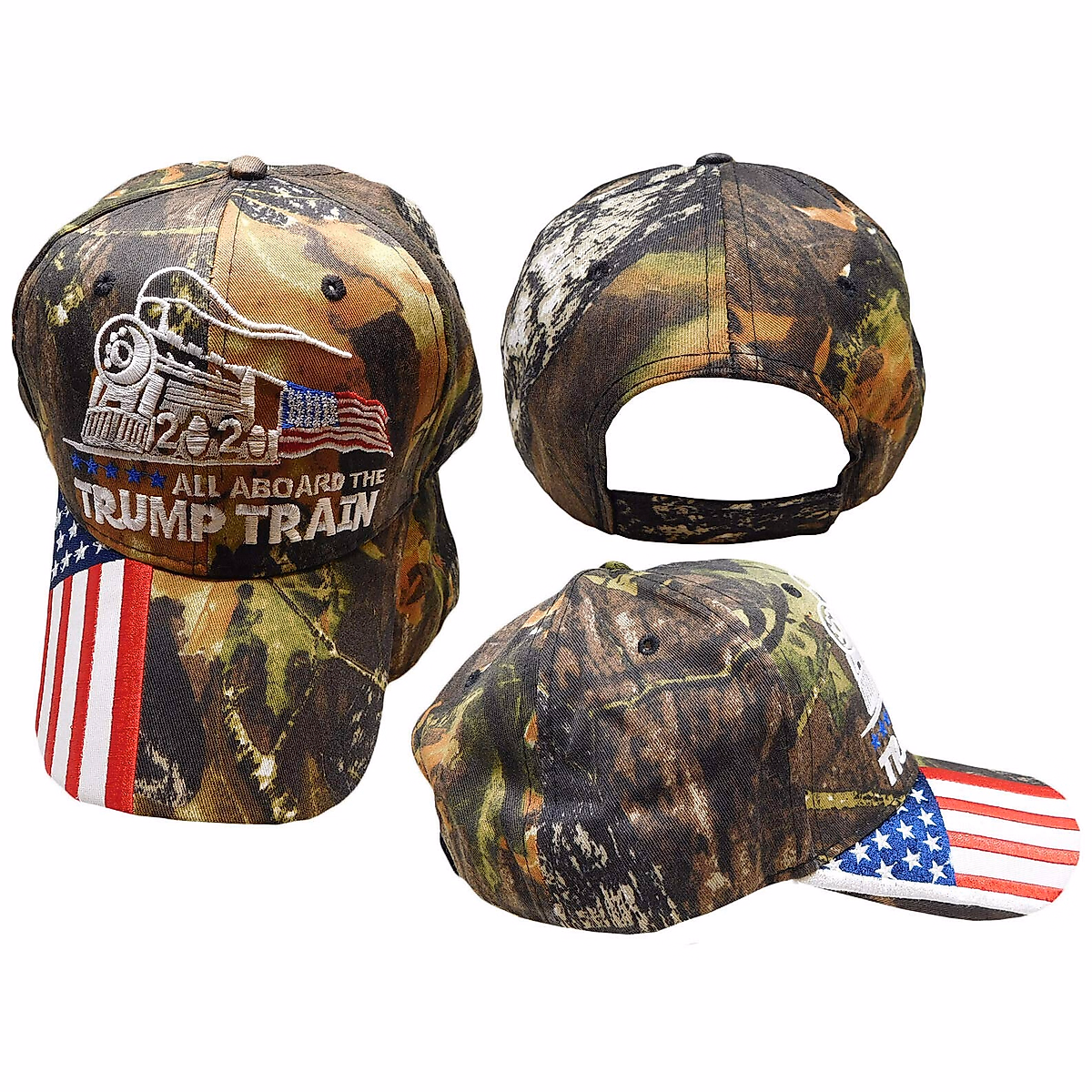 All Aboard The Trump Train 2020 Woodland Camo USA Flag Bill Embroidered Hat Cap