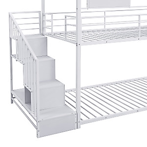 Bellemave House Bunk Bed with Slide and Stairs Twin Over Twin Floor Bunk Bed Frame Metal Playhouse Bunked with Storage Shelves for Kids Boys Girls Teens, White