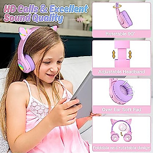 Riwbox CF9 Cat Ear Kids Bluetooth Headphones with LED Light Up,Safe 85dB Volume Limit,Built-in Mic&Boom Mic for Calls,Kids Wireless&Wired Headphones for Girls/Toddler/Online Learning/School (Purple)