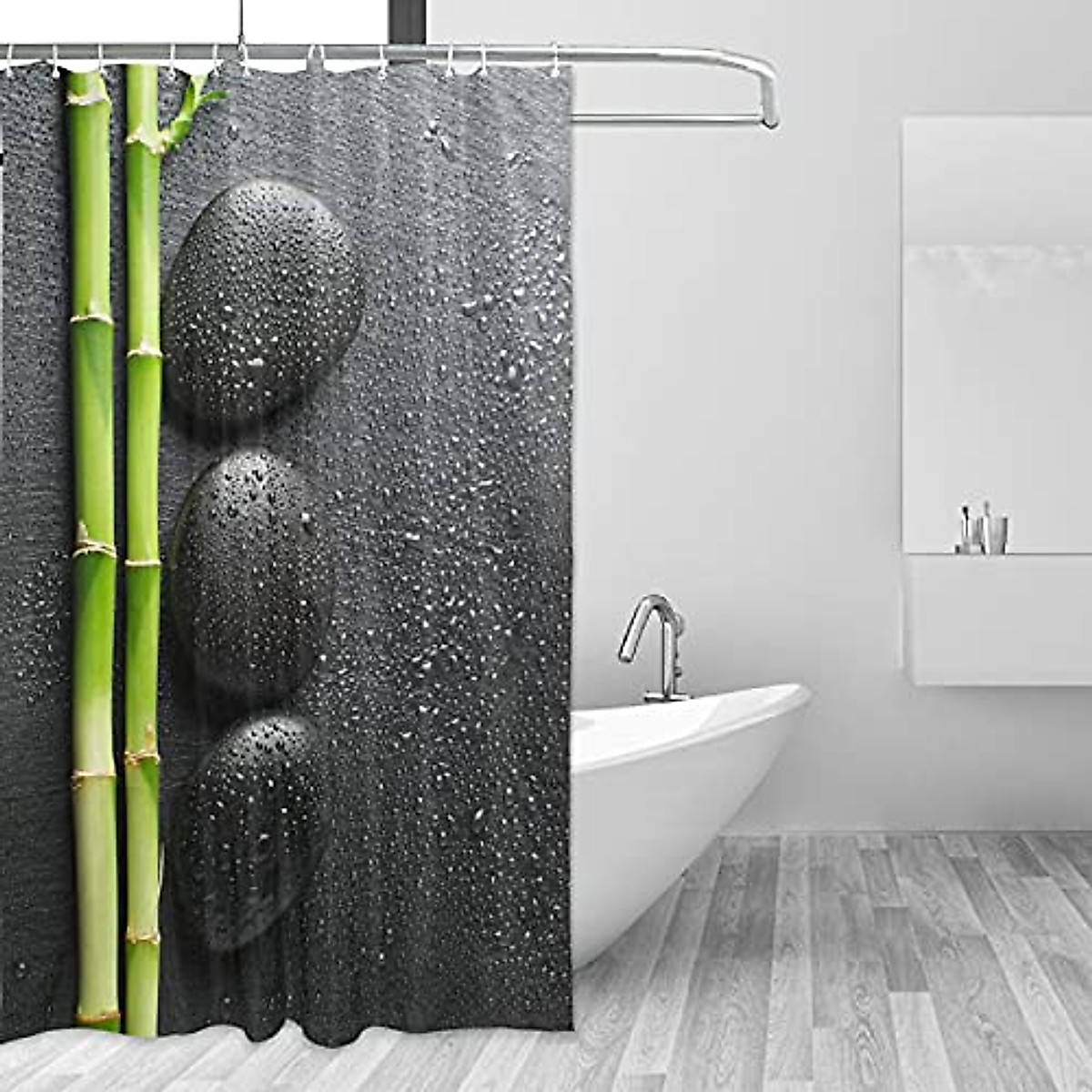Black Zen Basalt Stones with Dew Green Bamboo on Dark Waterproof Shower Curtain, Machine Washable Polyester Cloth with 12 Hooks, No Smell Bath Tub Stall Curtain Liner 48"(W) x72(H)