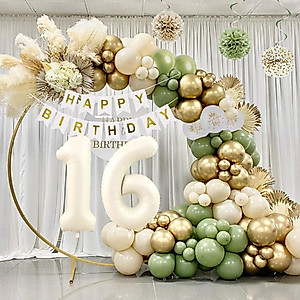 GYESXYW Sage Green 16th Birthday Decorations for Girls, Olive Green and Gold Sweet 16 Party Decorations Set, Happy Birthday Banner, Birthday Sash, Crown, Confetti Balloons for Her Party Supplies
