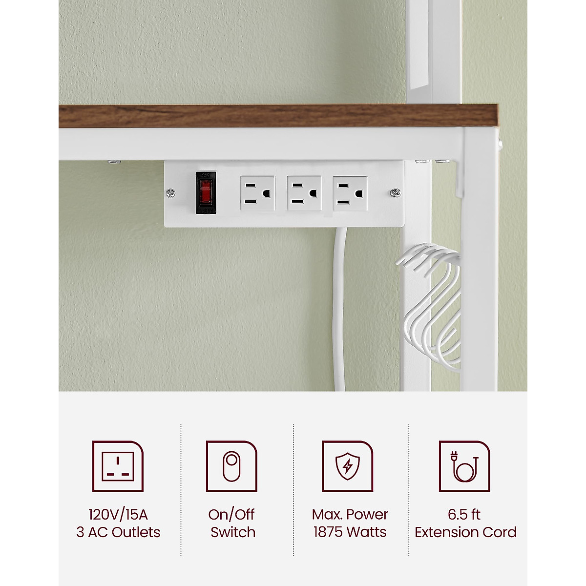 VASAGLE Hutch Bakers Rack with Power Outlet, 14 Hooks Microwave Stand, Adjustable Coffee Bar with Metal Wire Panel, Kitchen Storage Shelf, 15.7 x 23.6 x 66.9 Inches, Rustic Walnut and White UKKS037W41