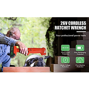 gangqiao Cordless Electric Ratchet Wrench, 90° Angular Impact 3/8 inch 88.5Ft-lbs 2100 RPM 26V Power Ratchet Wrench Kit w/ 2-Pack 3.0Ah Lithium-Ion Batteries 30-Min Fast Charge Variable Speed Trigger