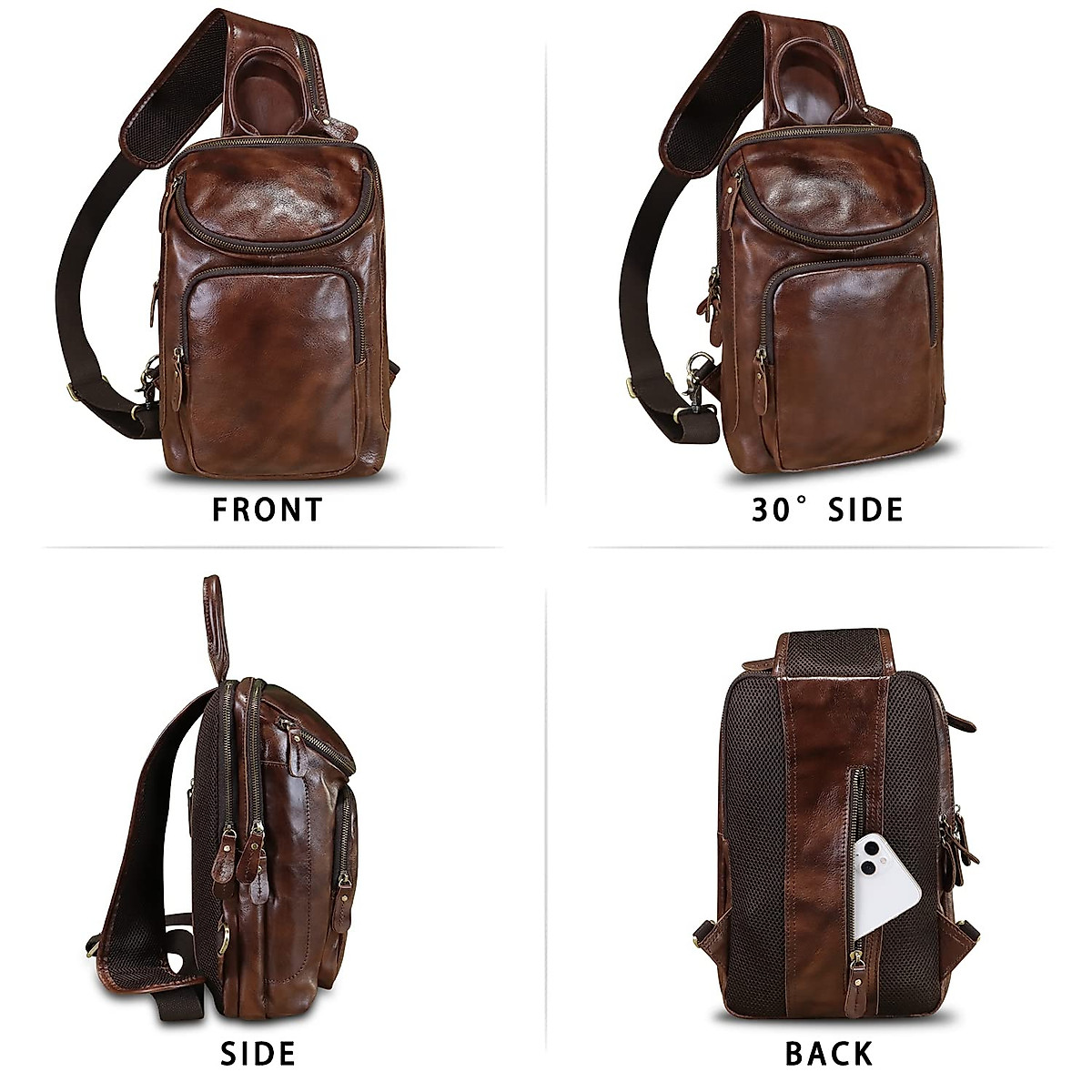 Genuine Leather Sling Bags Hiking Sling Backpacks Vintage Handmade Crossbody Chest Daypack Anti-theft Shoulder Satchel (Coffee)