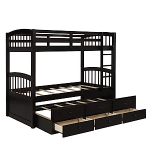 P PURLOVE Twin Over Twin Bunk Bed with Ladder, Wood Bunk Bed Frame with Wooden Slat Support, No Box Spring Needed (Espresso)