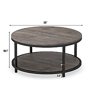 WiberWi Round Coffee Table 35.8" Rustic Vintage Industrial Design Furniture Sturdy Metal Frame Legs Sofa Table Cocktail Table with Storage Open Shelf for Living Room, Easy Assembly, Gray Brown1