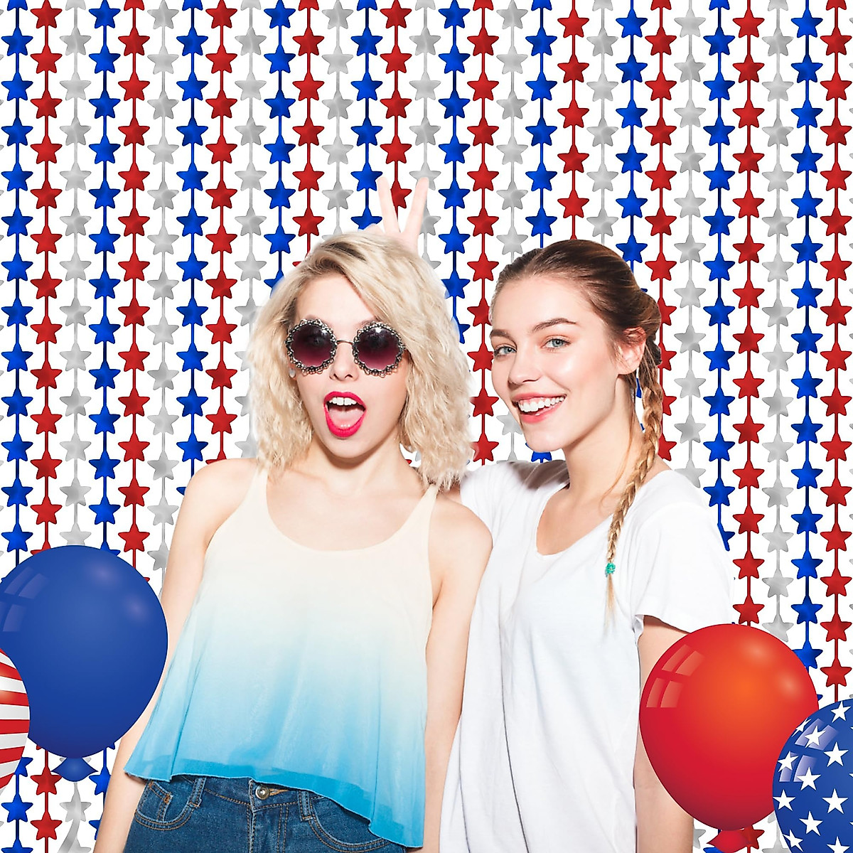 HOOSUN Patriotic Decorations Backdrop,2 Pack Red White and Blue Party Photo Backdrop Patriotic Tinsel Foil Fringe Curtains,Red White and Blue Streamers Tinsel Backdrop Decor for Home,Front Door
