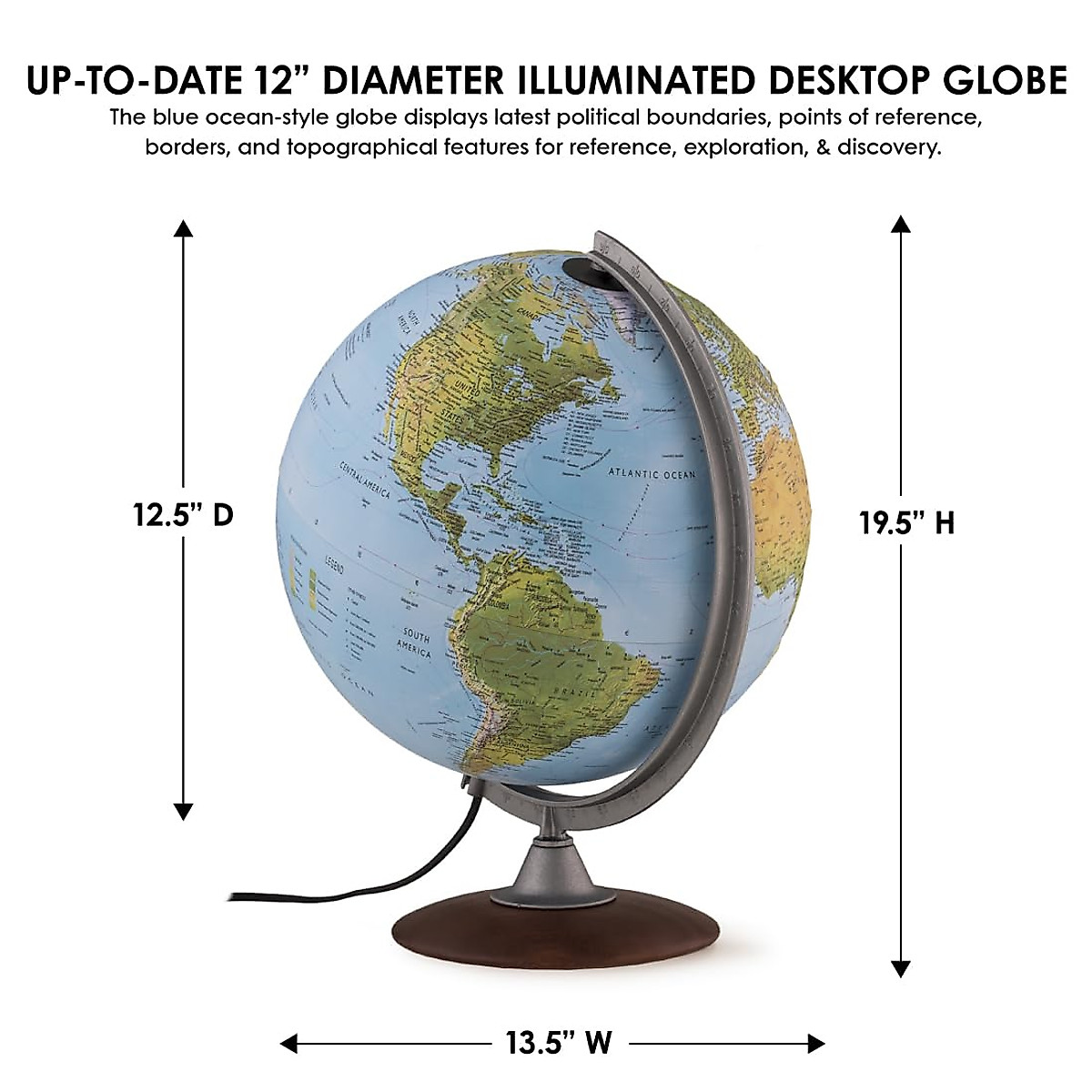 Waypoint Geographic Tactile Relief Globe, 12" Illuminated Blue Ocean-Style World Globe with Raised Relief, Up-to-Date Reference Globe, Decorative Globe for Home and Office Decor