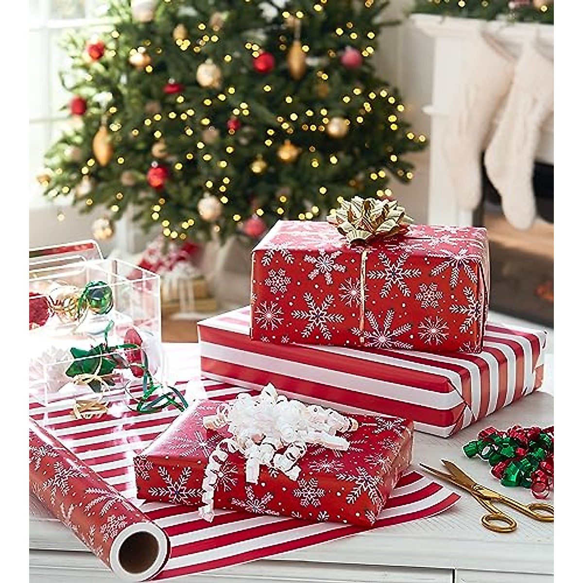 American Greetings 175 sq. ft. Reversible Red Christmas Wrapping Paper, Candy Cane Stripes and Snowflakes (1 Jumbo Roll 30 in. X 70 ft.)