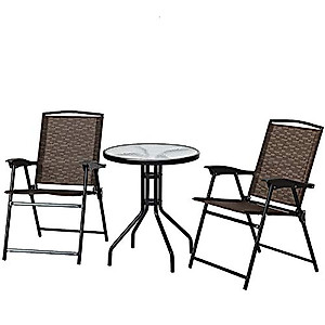 Goplus Patio Bistro Set, 3-Piece Patio Dining Furniture Set with Round Tempered Glass Table, 2 Foldable Chairs, Small Outdoor Folding Chairs & Table Set for Porch Garden Pool Yard